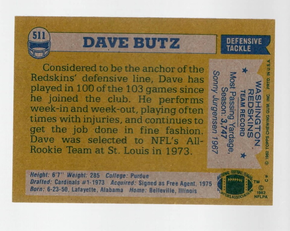 1982 Topps #511 Dave Butz NM/Mint | eBay