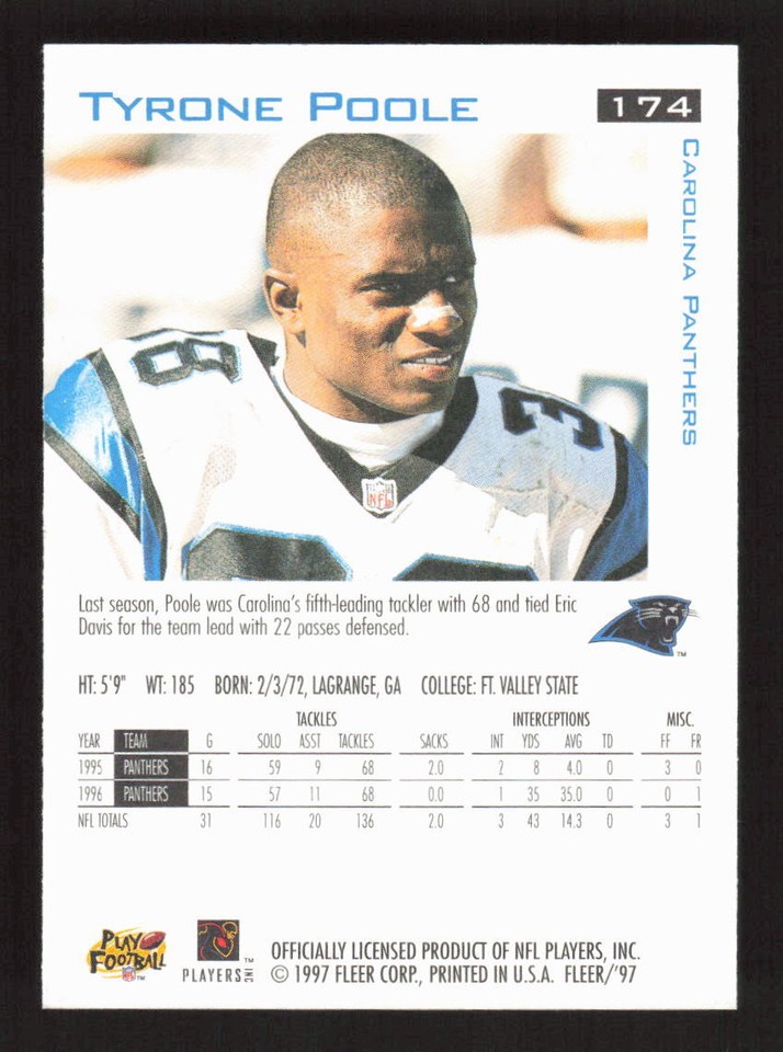 1997 Fleer #174 Tyrone Poole Carolina Panthers | eBay