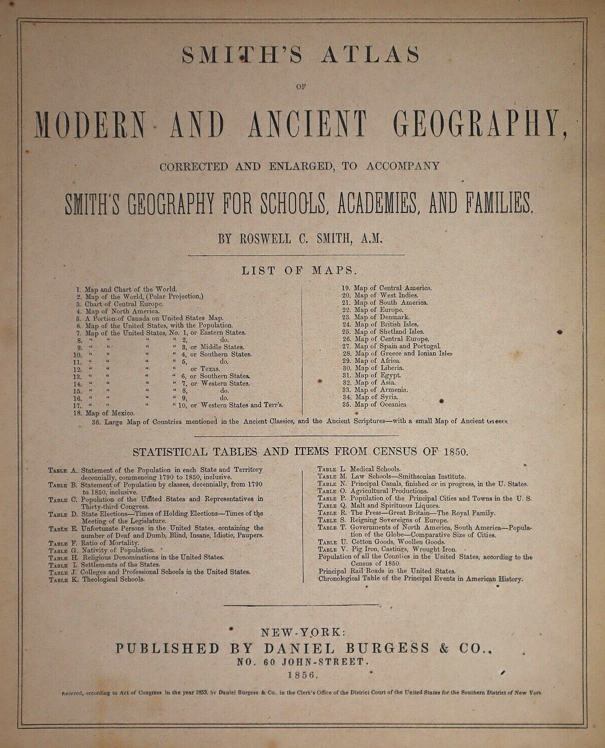 Old Antique 1856 Smith's Atlas Map ~ NORTH | Grelly USA