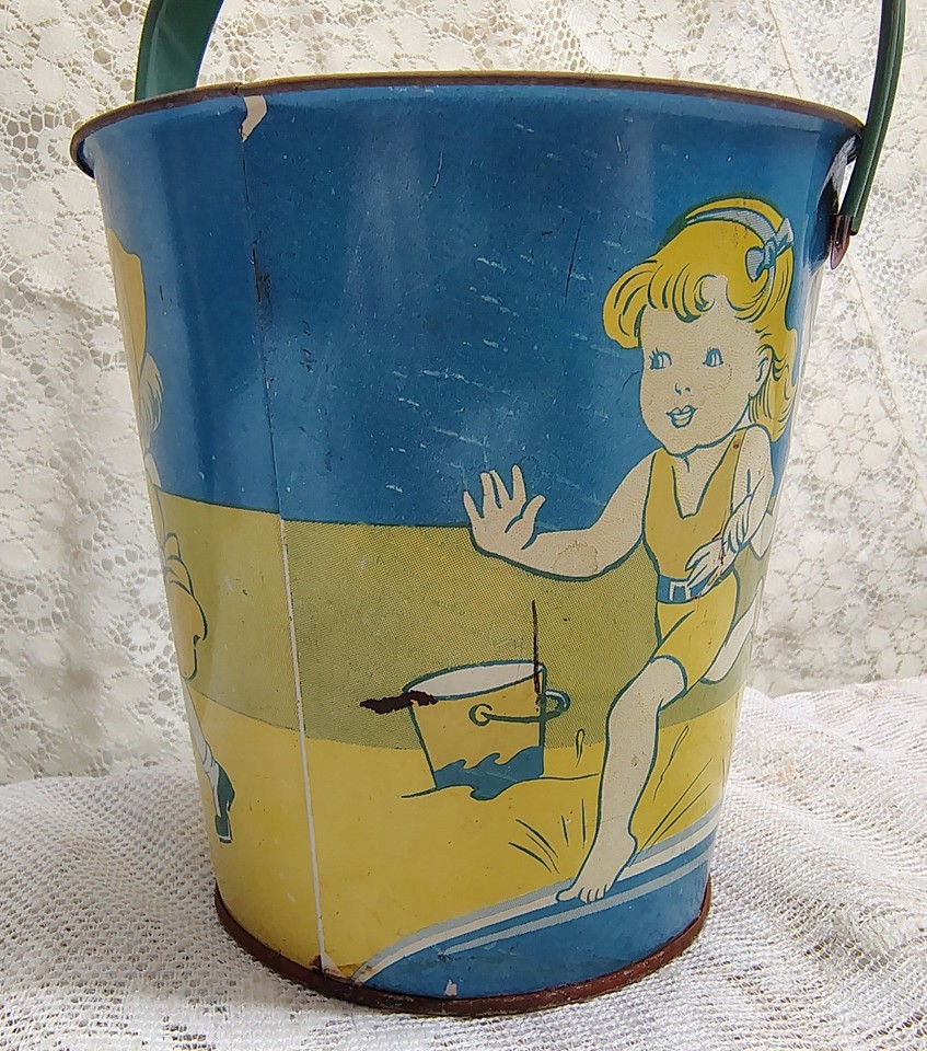 Antique Lithographed Tin Sand Bucket Children's Toy Children Fishing On ...