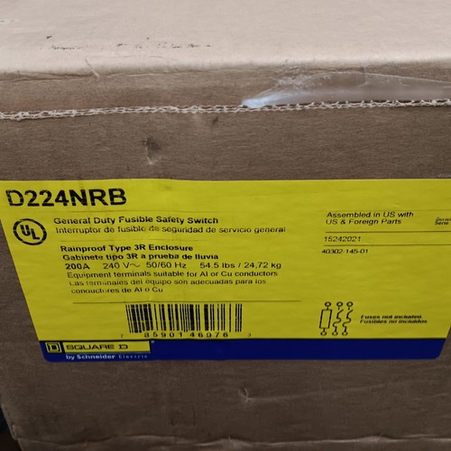 NEW SQUARE D D224NRB 200 AMP SAFETY DISCONNECT SWITCH 2P FUSIBLE 240V ...