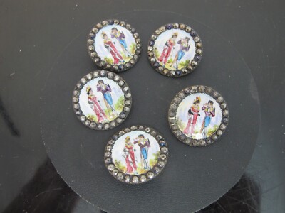 VICTORIAN Hand-Painted ENAMEL Young Lovers COUPLE Motif Cut Steel ...