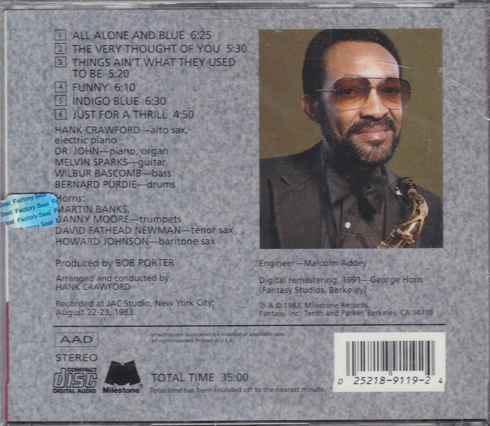 Indigo Blue by Hank Crawford (CD, 1991, Milestone) FACTORY SEALED NEW ...