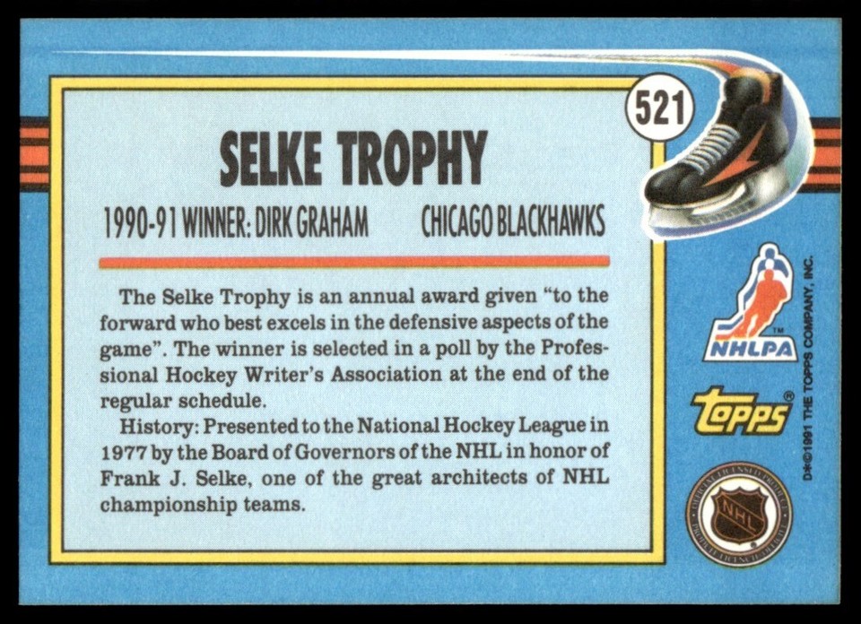 1991-92 Topps Selke Trophy Winner #521 Dirk Graham Chicago Blackhawks ...