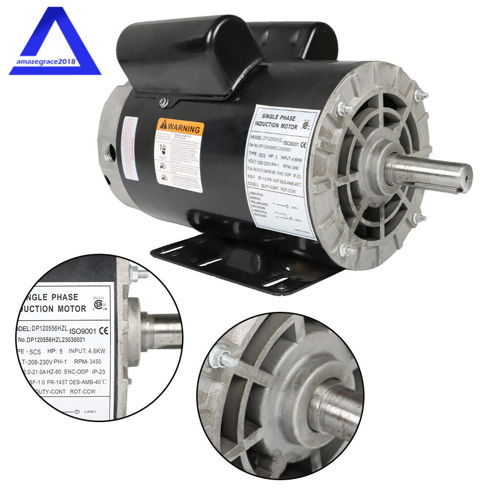 5HP Compressor Duty Electric Motor 230V 1 Phase 3450 RPM Frame-56HZ 7/8 ...