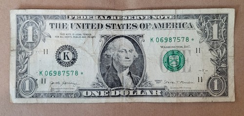 $1 Bill Federal Reserve Star Note 2017 K06987578☆ Circulated Dollar ...