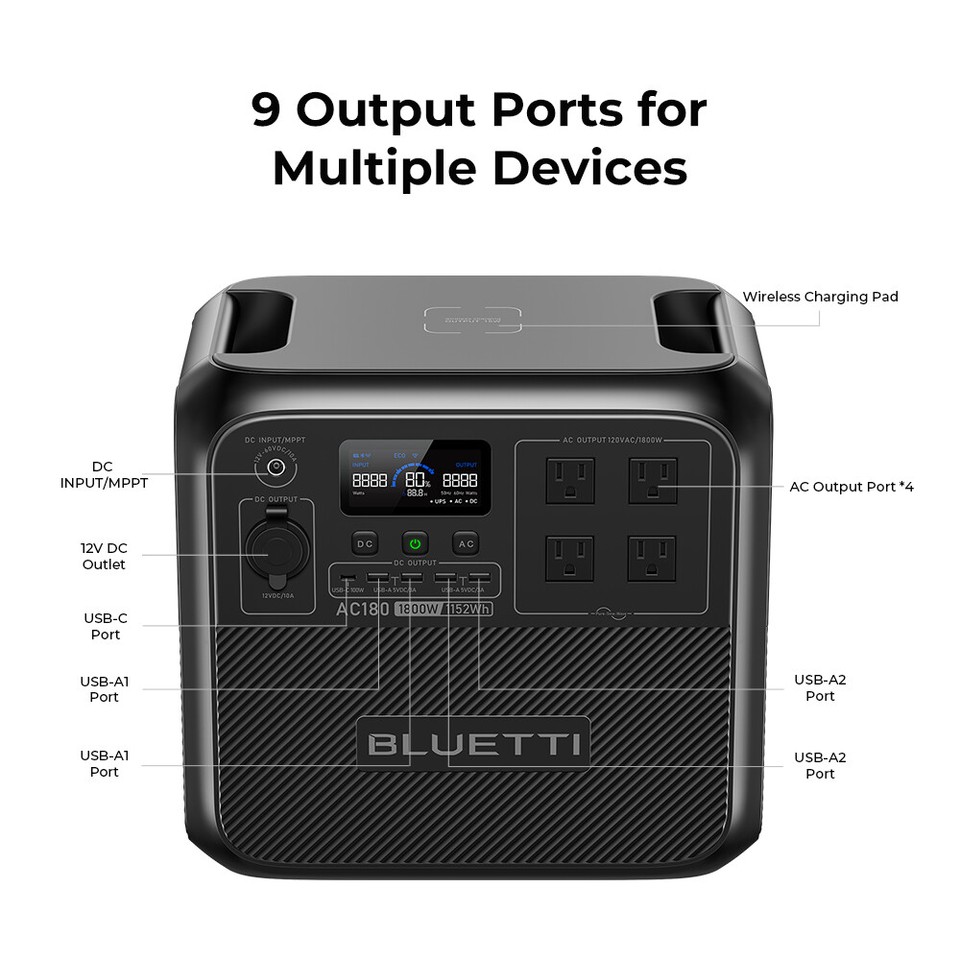 BLUETTI AC180 1800W 1152Wh Solar Portable Power Station LFP Battery for ...