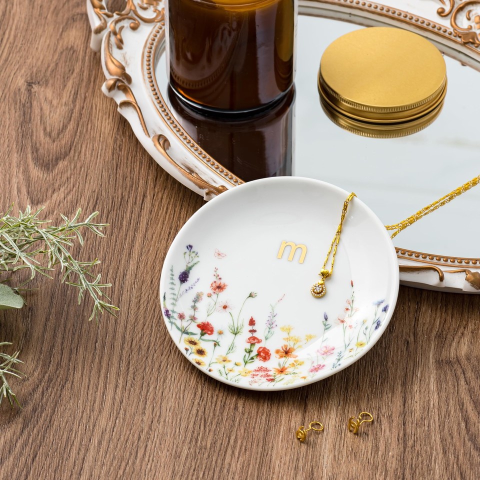 Initial Jewelry Ring Dish & Gift Box, Ceramic Flower Trinket Dish for ...