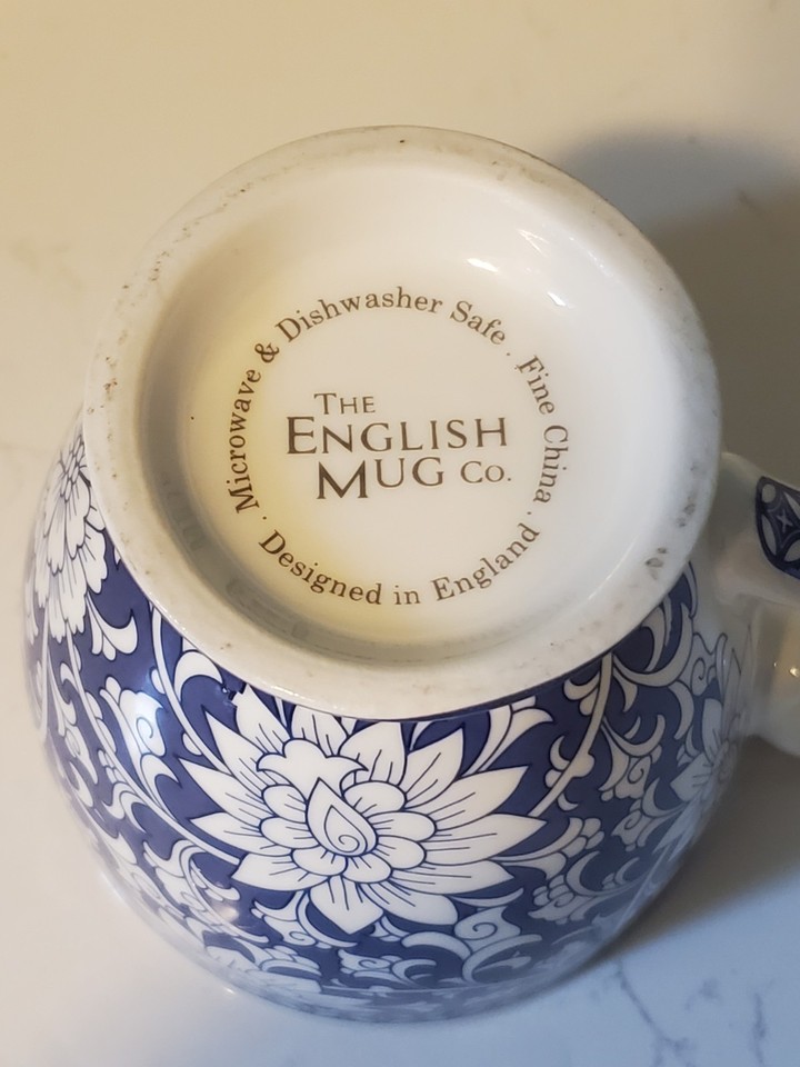 The English Mug Co Fine China 12 Oz Coffee Tea Footed Mug Blue White ...