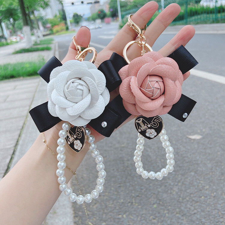 1PC Camellia Flowers Pearl Bag Charm PU Keychain Key Ring Car Charm ...