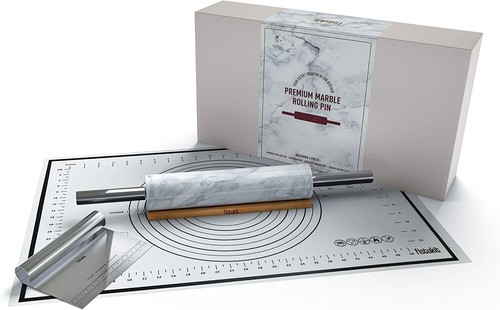 Fistukit White Marble Rolling Pin with Stainless Steel Handles Baking ...