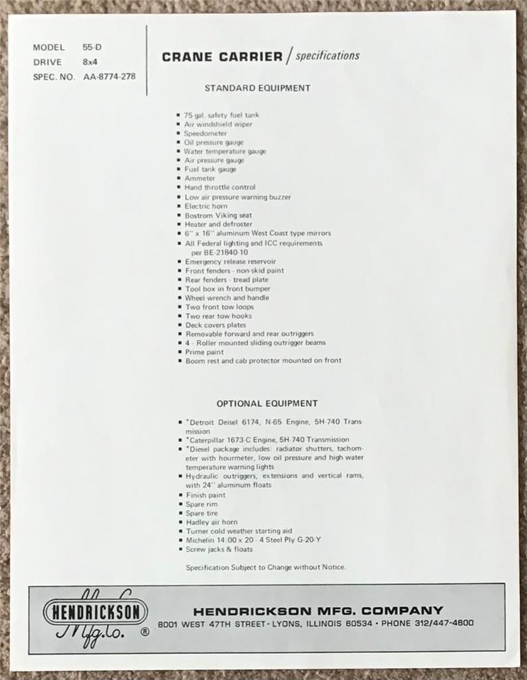 HENDRICKSON CRANE CARRIER USA Single Sheet Specification Undated MODEL ...