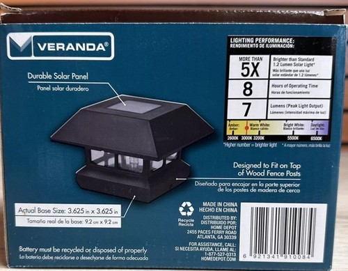 Veranda Black Solar Powered Post Cap LED Light for Deck or Fence 4" X 4 ...