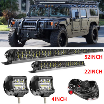 Roof Straight 52'' LED Light Bar + 22''+ 4" Pods fit Hummer H1 H2 H3 ...