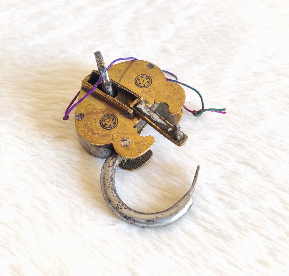 19c Vintage Handmade Unique Shape Hidden Key Hole Brass Tricky Padlock ...