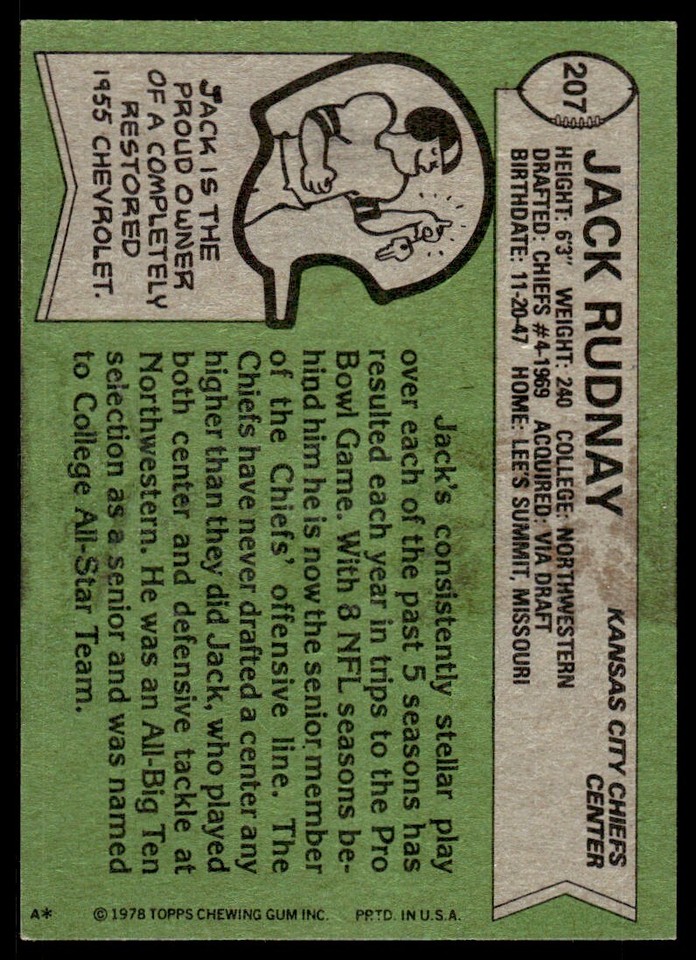 1978 TOPPS JACK RUDNAY K KANSAS CITY CHIEFS #207 | eBay