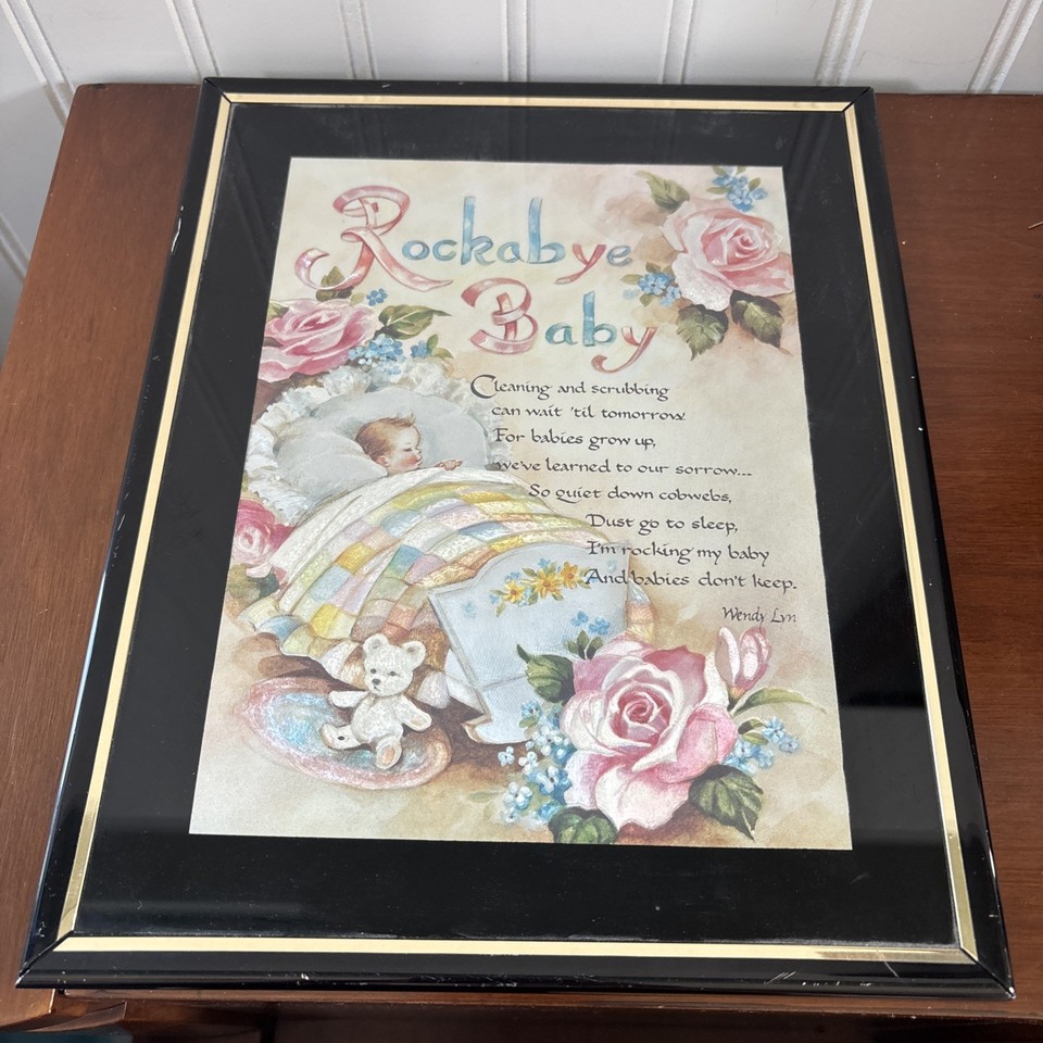 Vintage Framed Nursery Art Rockabye Baby Black Metallic Print Wendy Lyn ...