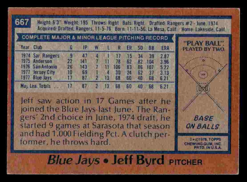 1978 Topps Jeff Byrd #667 - Toronto Blue Jays | eBay
