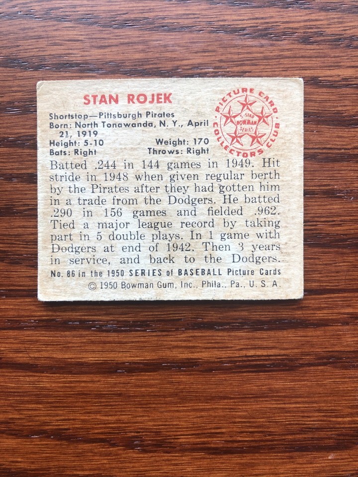 1950 Bowman 86 Stan Rojek Pirates Crease Free Card | eBay
