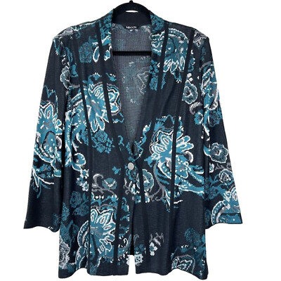 Misook Womens Floral Knit Jacket Cardigan Black Teal Single Button ...