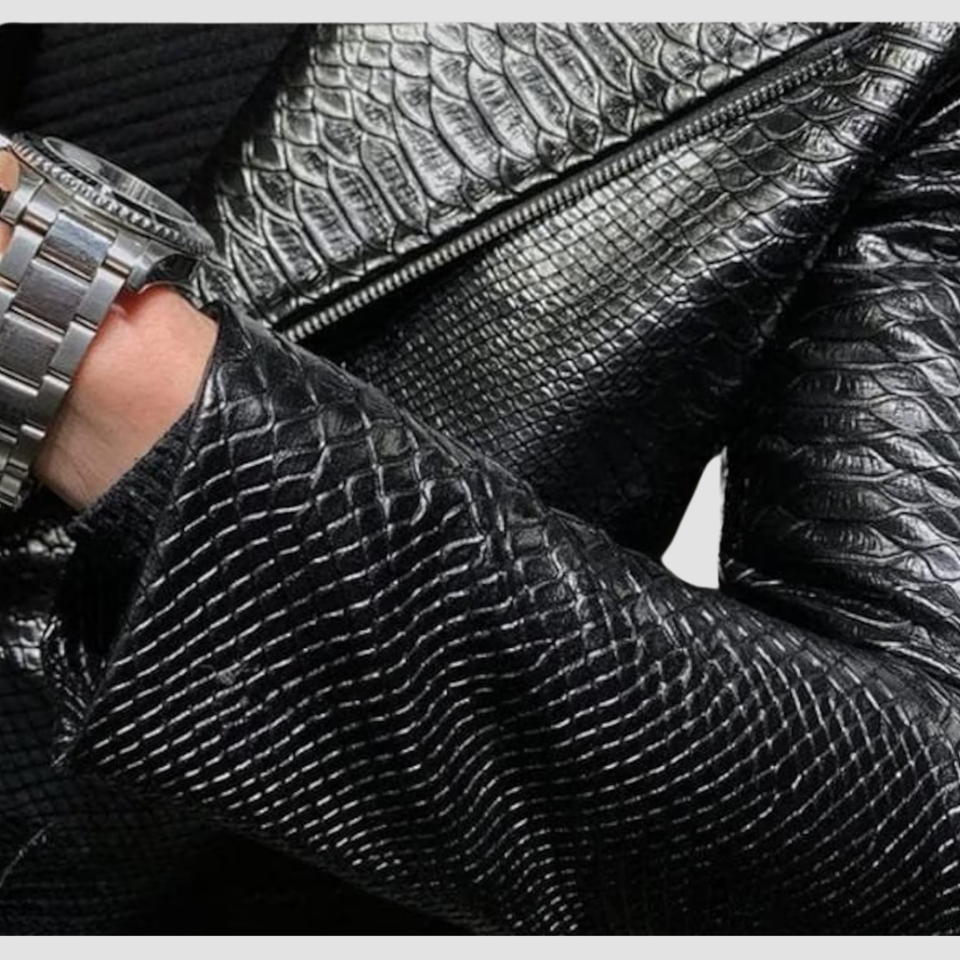 Men's Black Python Embossed Leather Biker Jacket - Luxury Snakeskin ...