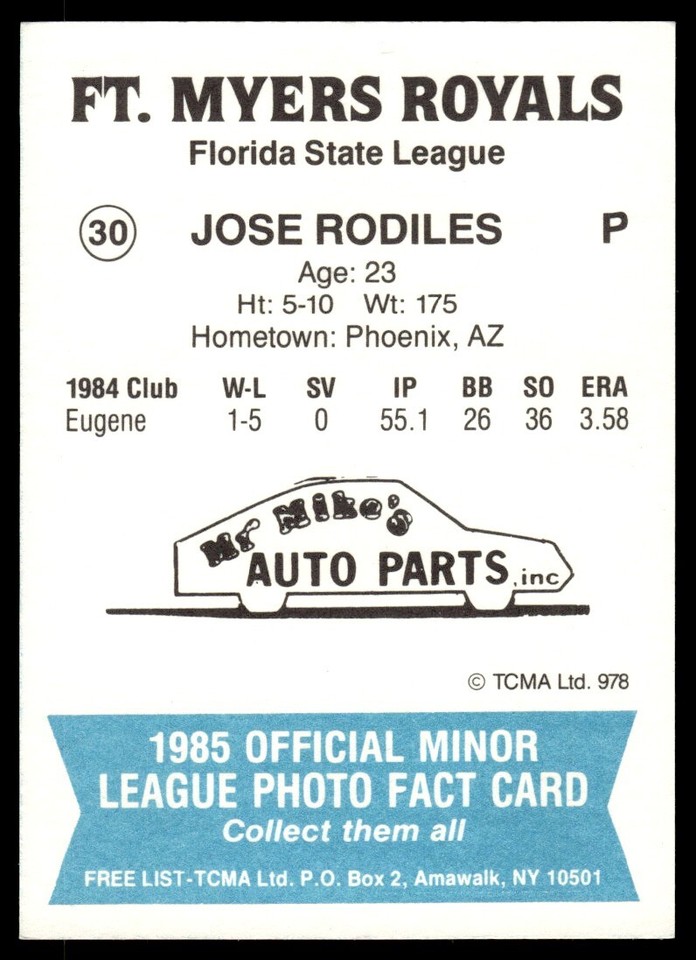 1985 TCMA Ft. Myers Royals Jose Rodiles Fort Myers Royals #30 | eBay