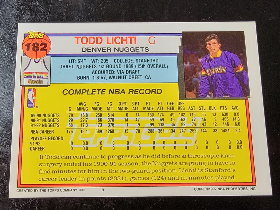 1992-93 Topps Gold Basketball #182 Todd Lichti | eBay