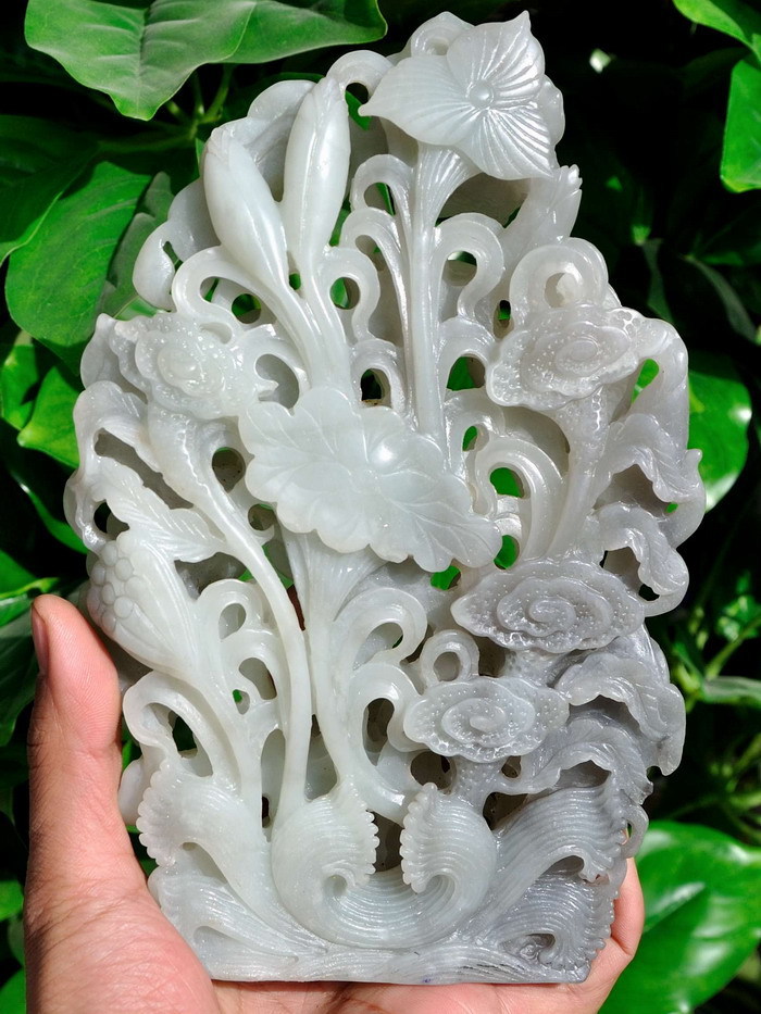 Natural Hetian Nephrite Jade Koi Fish&Lotus Flower Statue Sculpture w ...