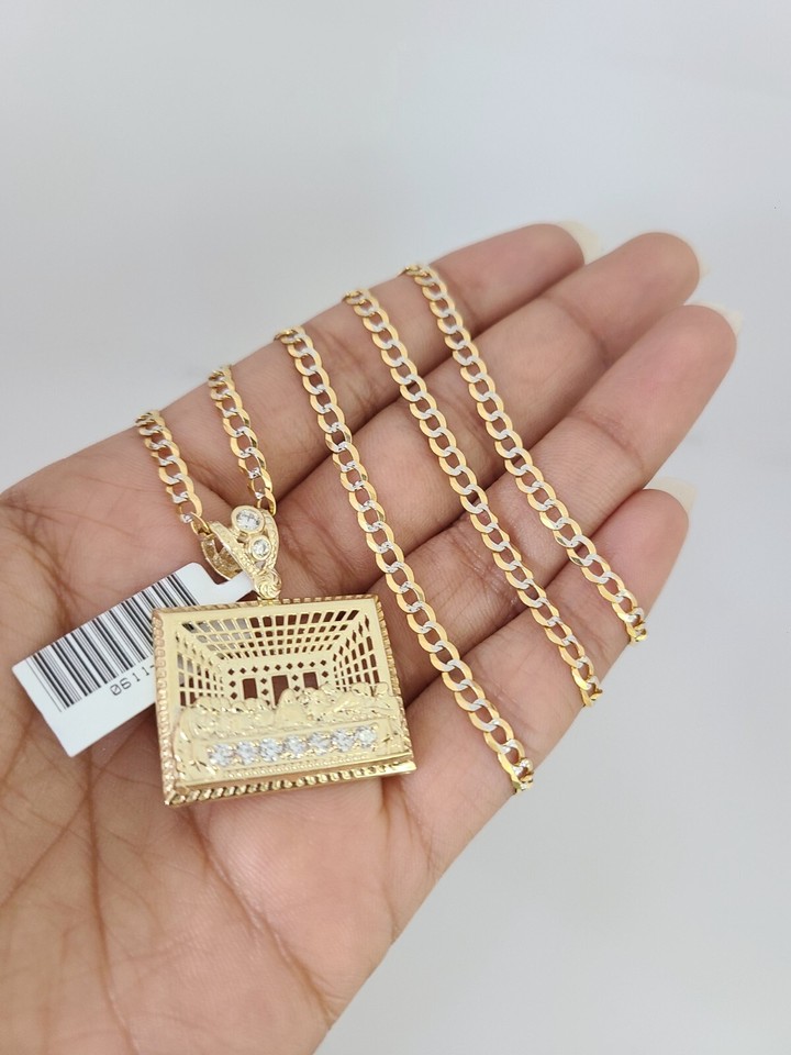 10k Gold Solid Cuban Curb Chain Last Supper Pendant Set 3mm 18"-26 ...