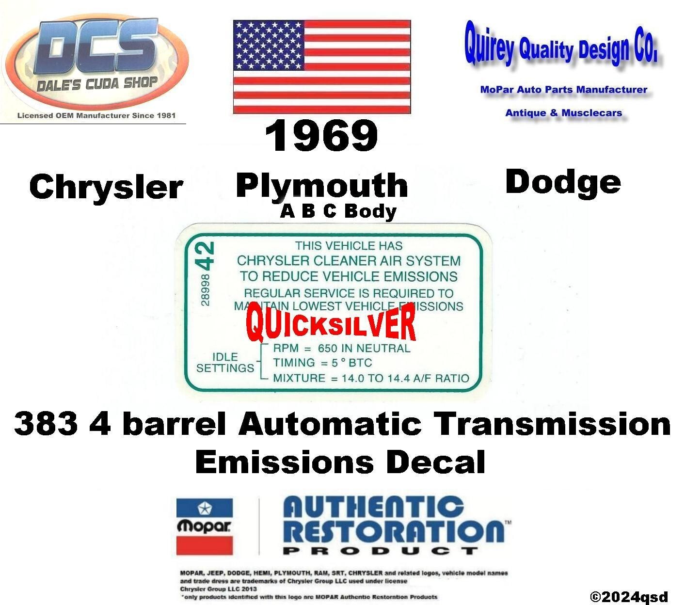 1969 Dodge Chrysler Plymouth 383 4bbl Automatic Emissions Decal 2899842 ...