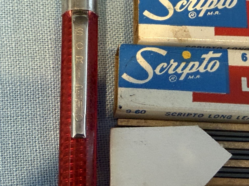 VINTAGE SCRIPTO RED TRANSLUCENT MECHANICAL + 3 FULL BOXES OF 6 EACH ...