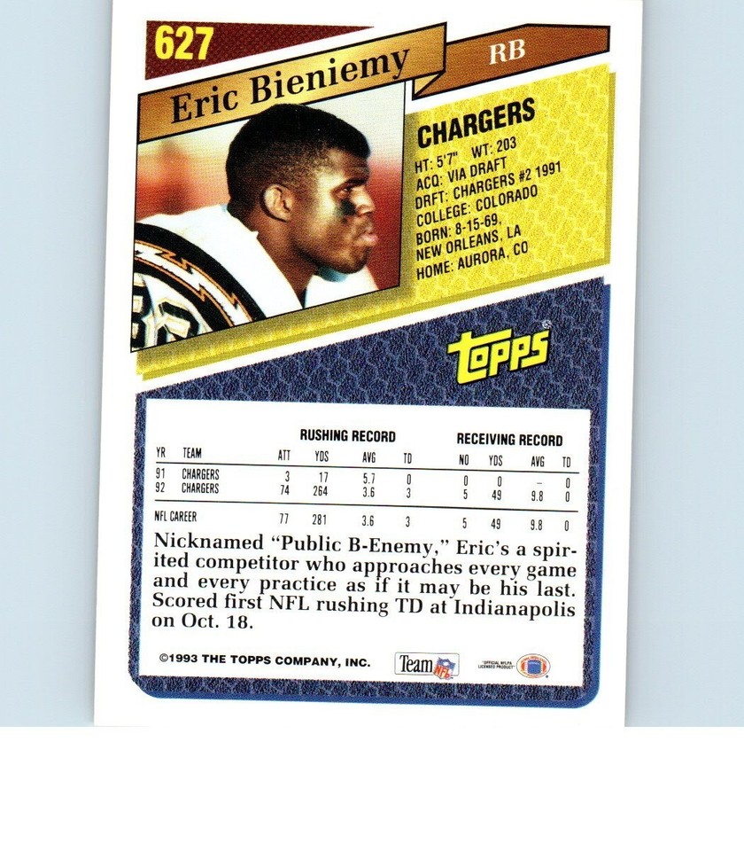 Eric Bieniemy 627 Chargers 1993 Topps Football Trading Card | eBay