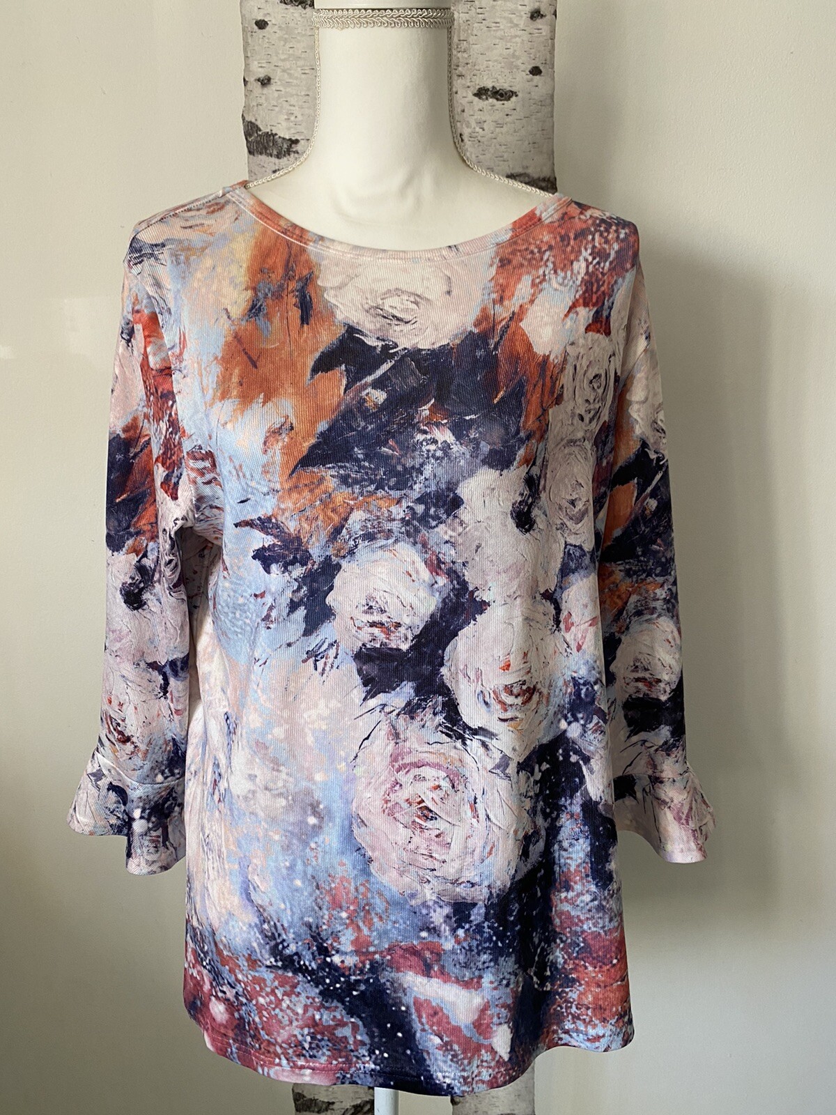 Northstyle Women Watercolor Floral Print Bell Sleeve Knit Top Blouse ...