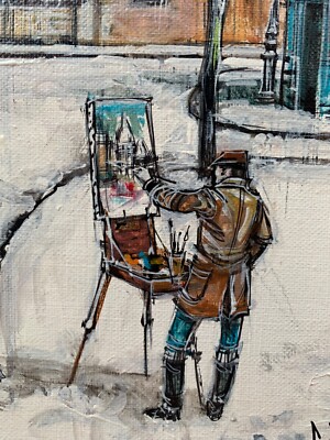 Vintage Painting Paris Snow Montmartre Place Du Tertre Self-Portrait CL ...