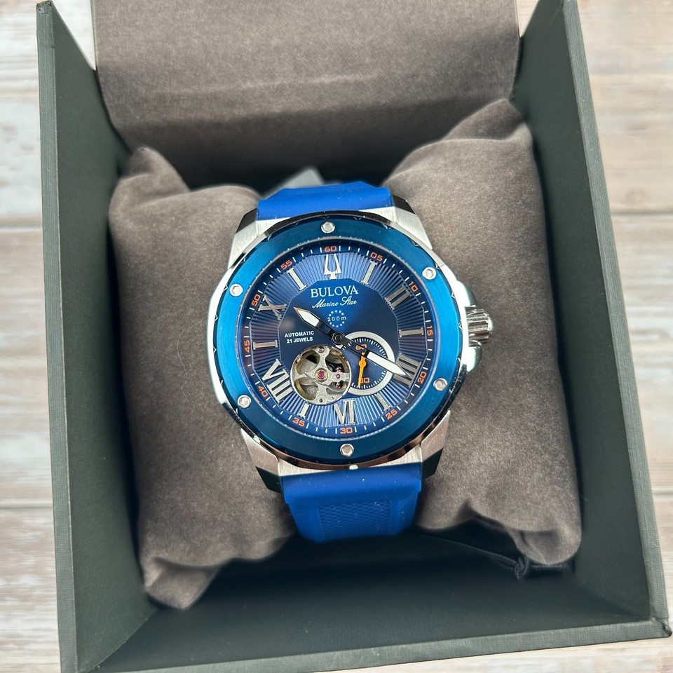 Bulova 98A303 Marine Star Blue Dial Blue Rubber Strap Men's Automatic ...