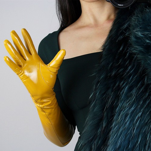 LATEX LONG GLOVES Shine Leather Faux Patent PU 20" 50cm Opera Ginger ...