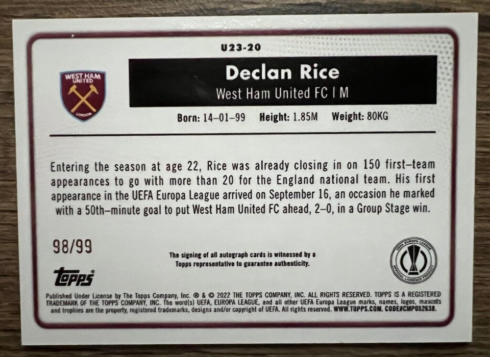 Declan Rice Auto 98/99 - Topps Merlin UCC - U23 Stars - 2022-23 | eBay