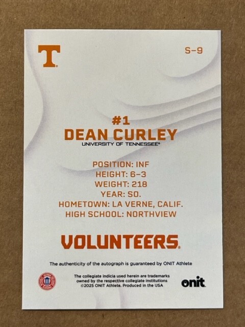 DEAN CURLEY 2025 ONIT Tennessee Baseball Orange Parallel On Card AUTO ...