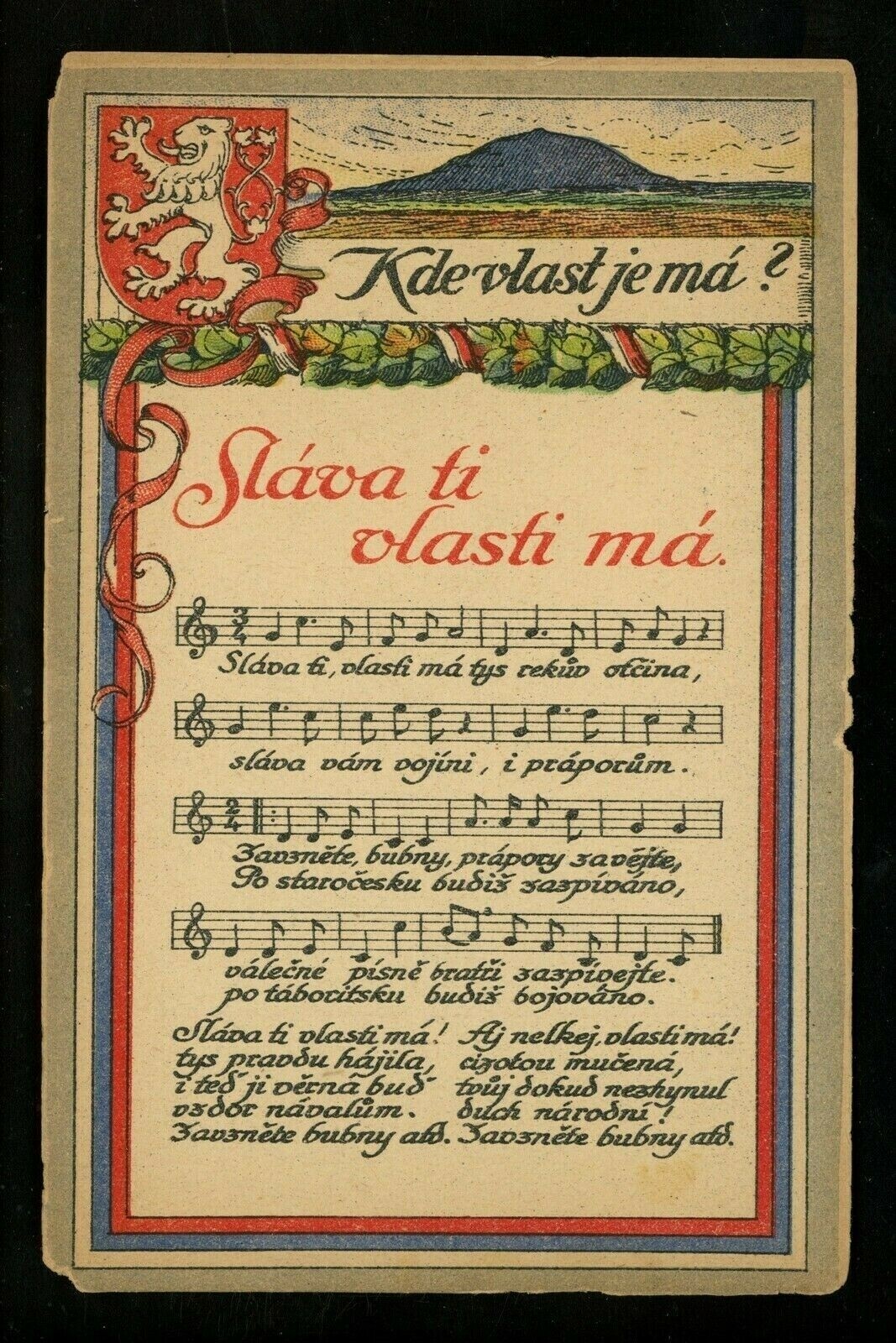 Music postcard Czechoslovakia Song Sheet Scores F.J.P. #32 Slava Ti ...
