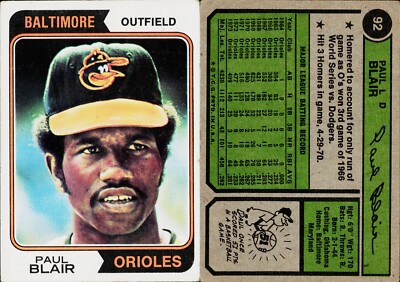 1974 Topps Baseball Card #92 Paul Blair | eBay