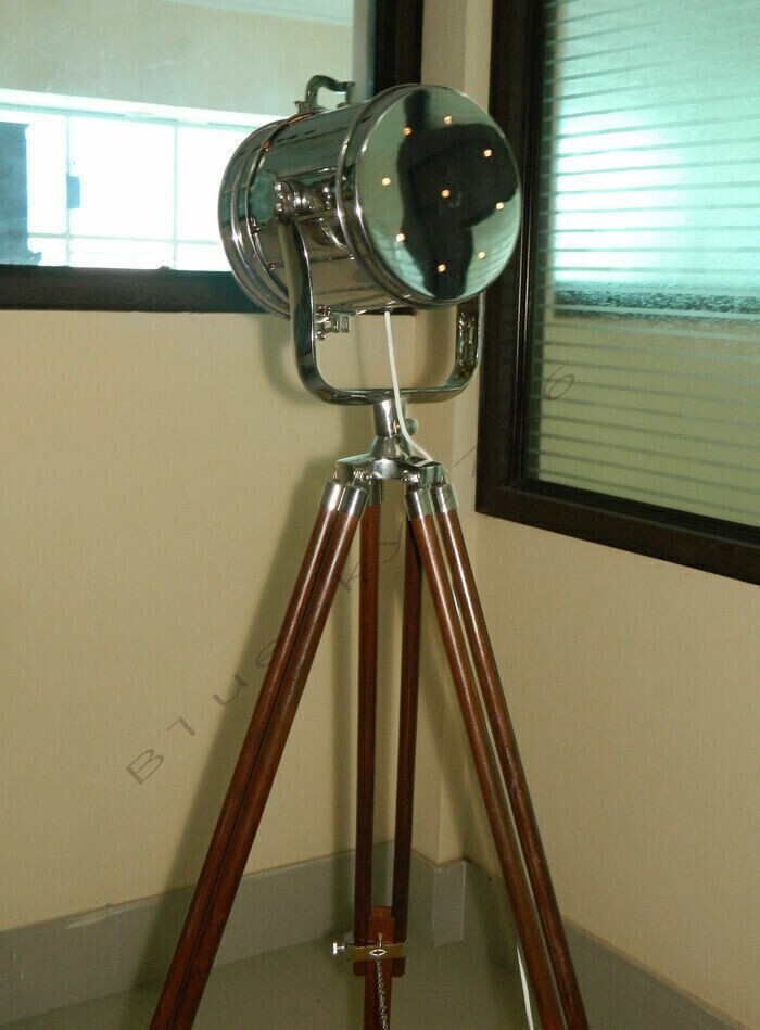 industrial Searchlight Floor Lamp Modern Spotlight With Wood Tripod ...