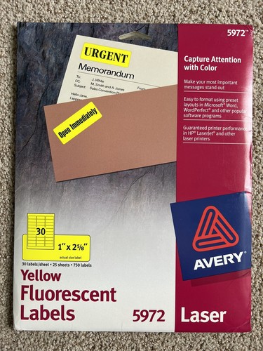 AVERY Yellow Laser Labels 1 x 2 5/8 Fluorescent Neon 750 Pack 5972 NEW ...