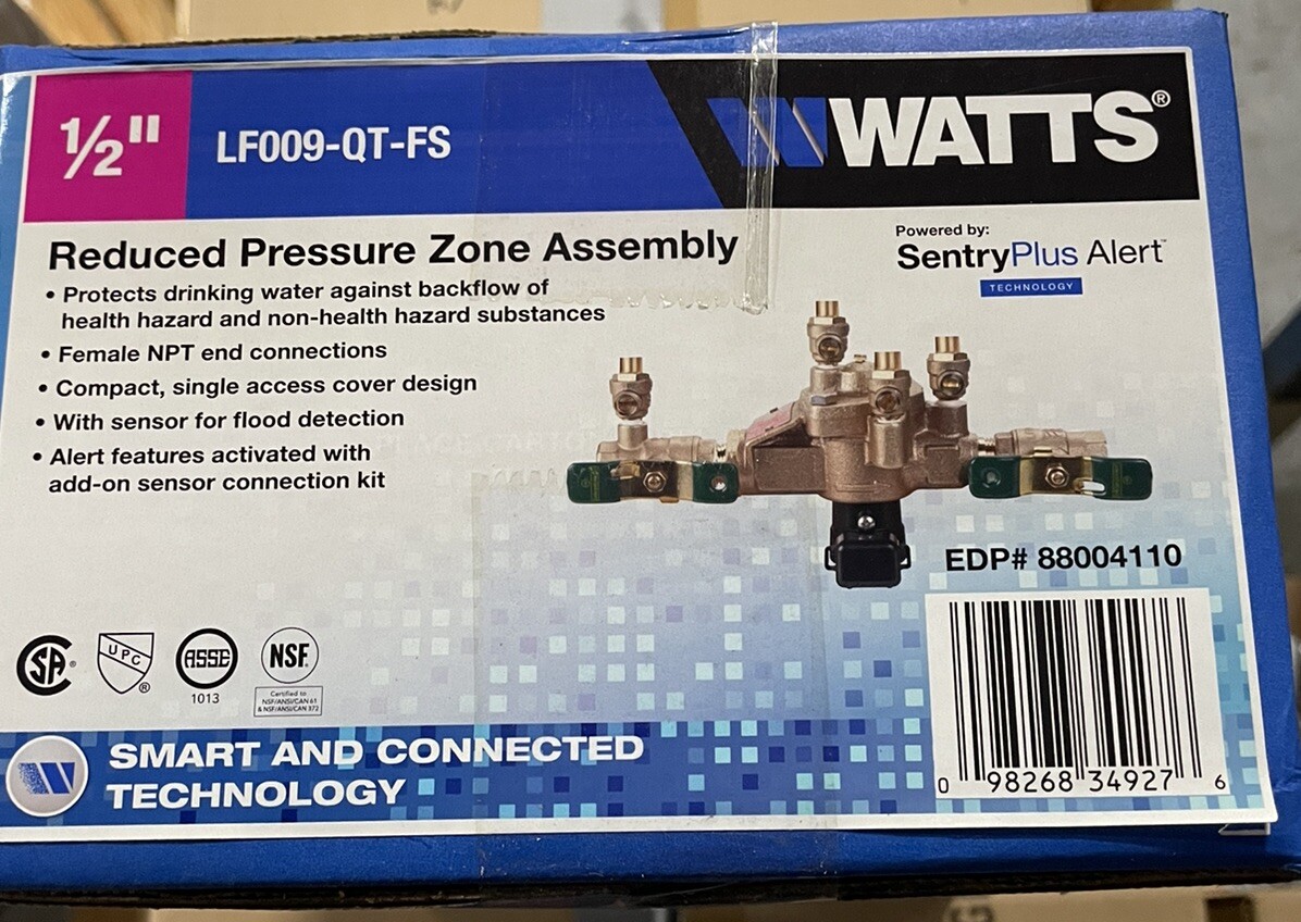Watts LF009-QT 1/2" Reduced Pressure Zone Assembly Backflow Preventer ...