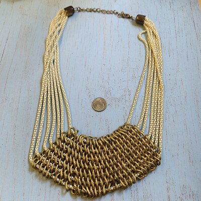 Multi Strand Ivory Enamel Mesh Chains Goldtone Woven Chain Bib Necklace ...