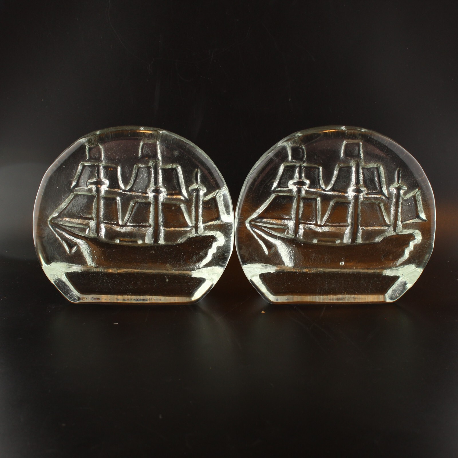 Pilgrim Crystal Clear Glass Tall Ship Bookends Thick Art Glass - 6 ...