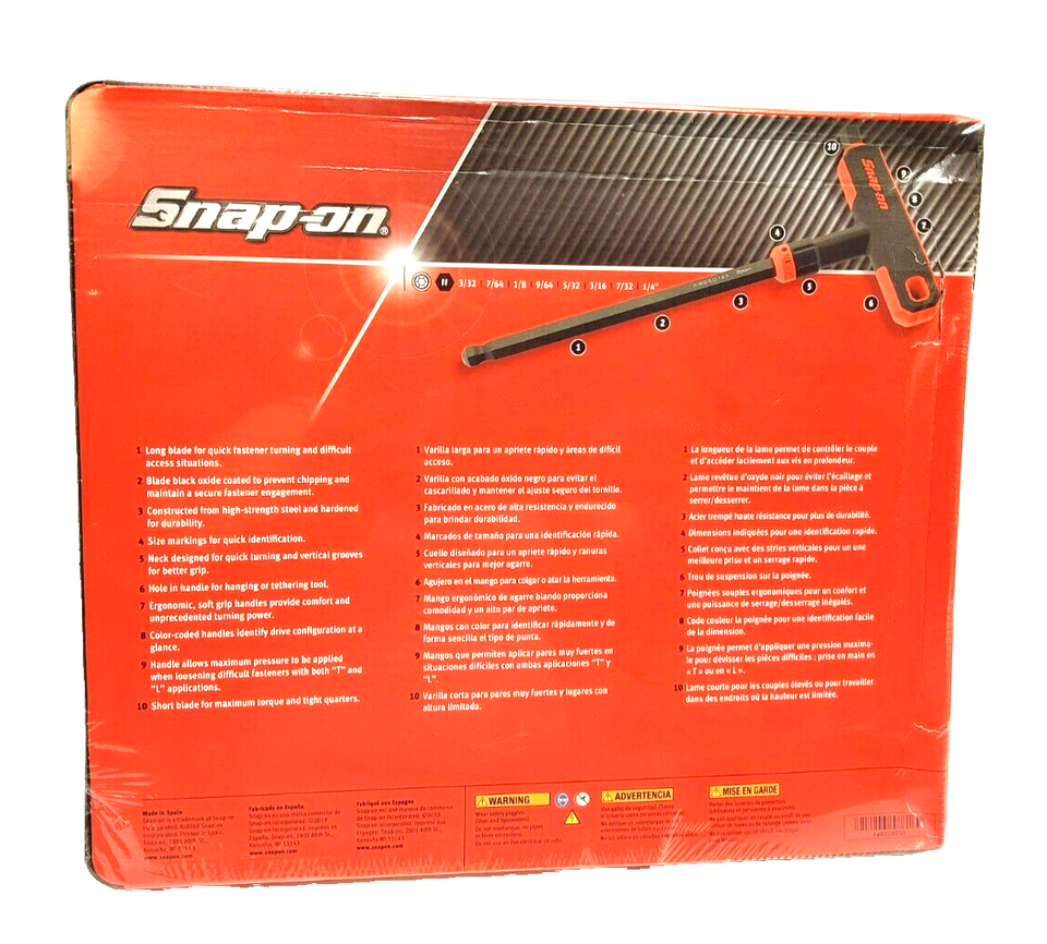 Snap-on 3/32"-1/4" 8pc T-L Shape End Allen Hex Driver Key Set AWSG800A ...