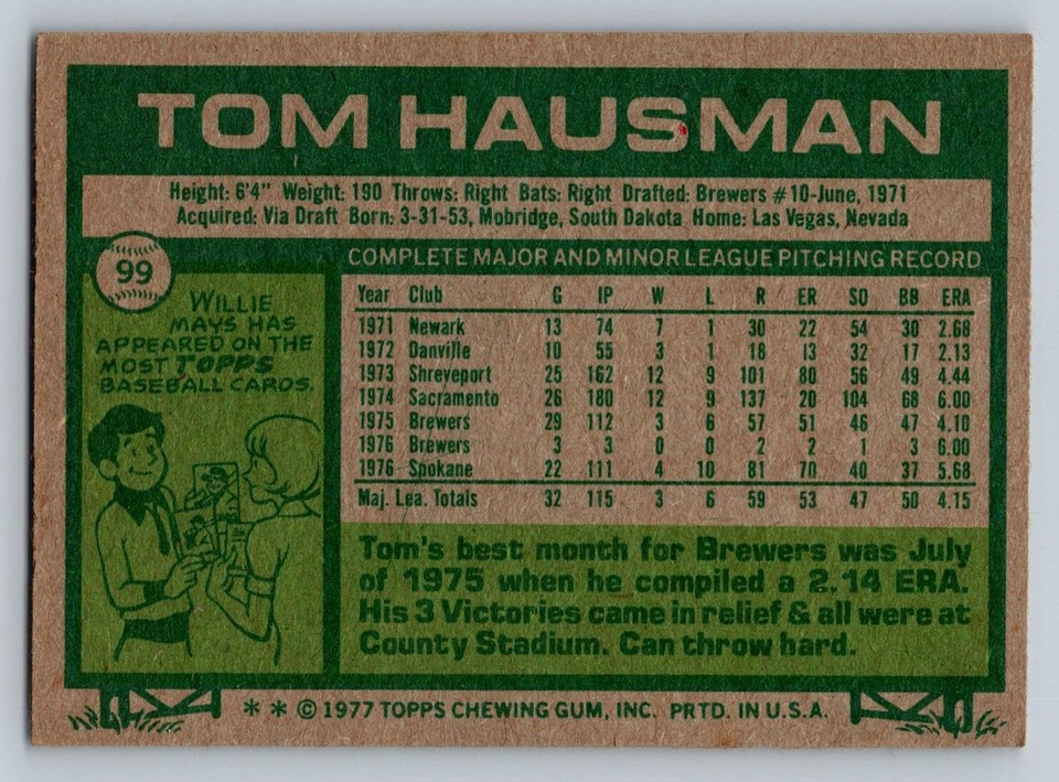 1977 TOPPS BASEBALL TOM HAUSMAN #99 A52 | eBay