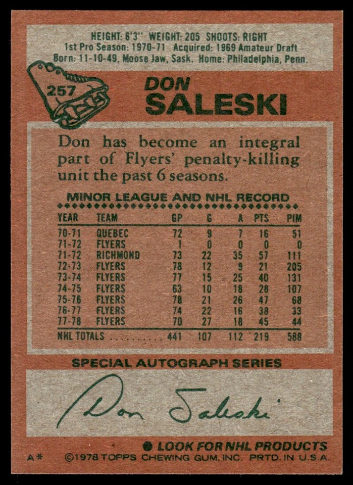 1978-79 Topps Hockey Card Don Saleski A Philadelphia Flyers #257 | eBay