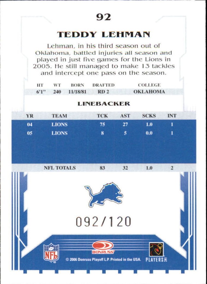 2006 Score Red Zone Detroit Lions Football Card #92 Teddy Lehman /120 ...