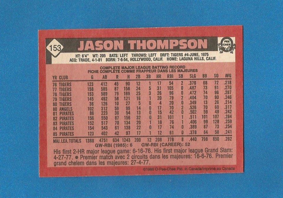 Jason Thompson 1986 O-Pee-Chee OPC MLB Baseball #153 (MINT) Pittsburgh ...